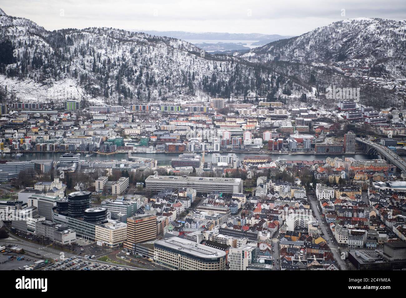 Bergen, Bryggen / Norway - February 12th 2020: A general aerial view of ...