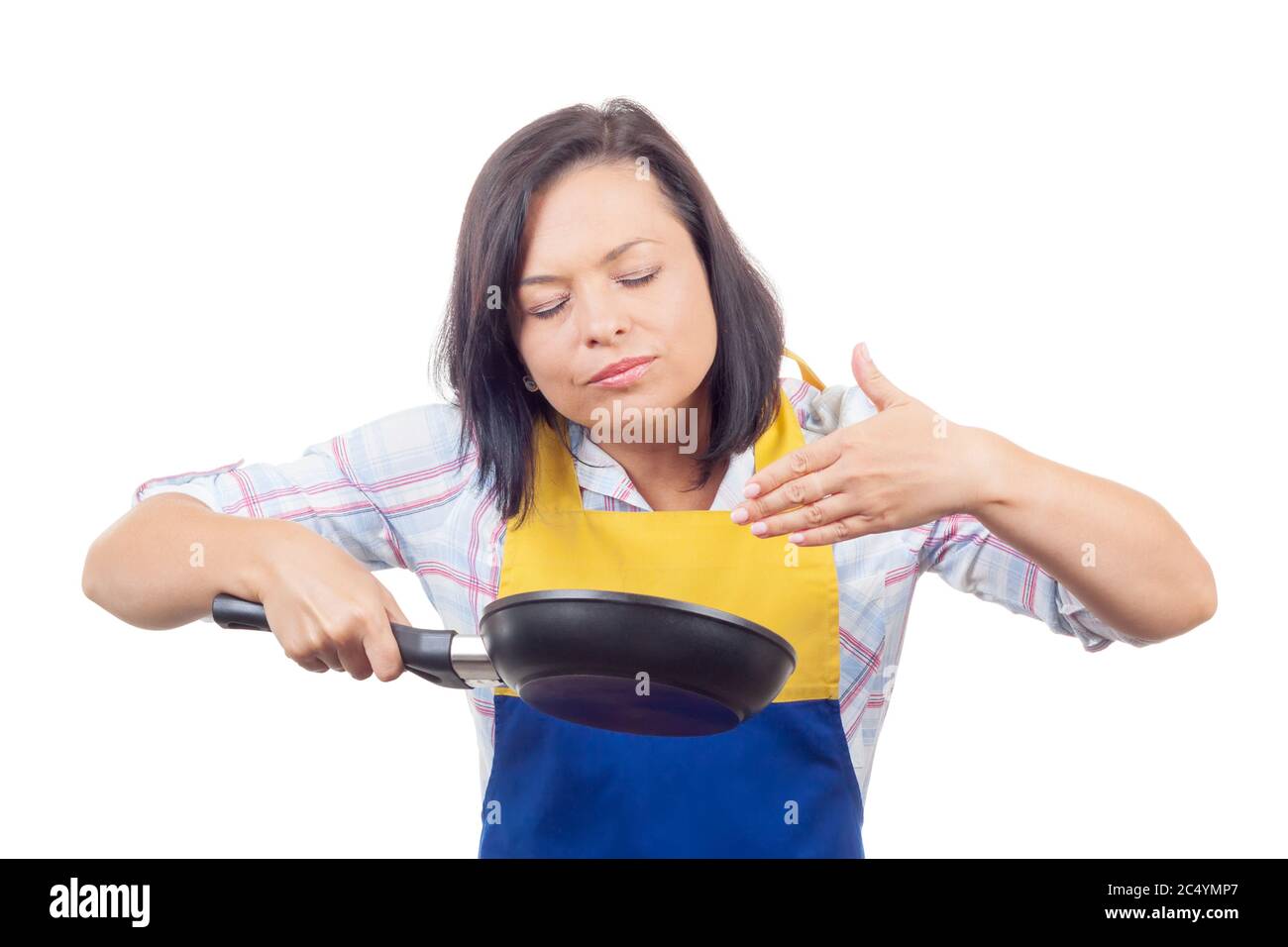Beautiful Young Woman with Frying Pan on a white background Stock Photo ...