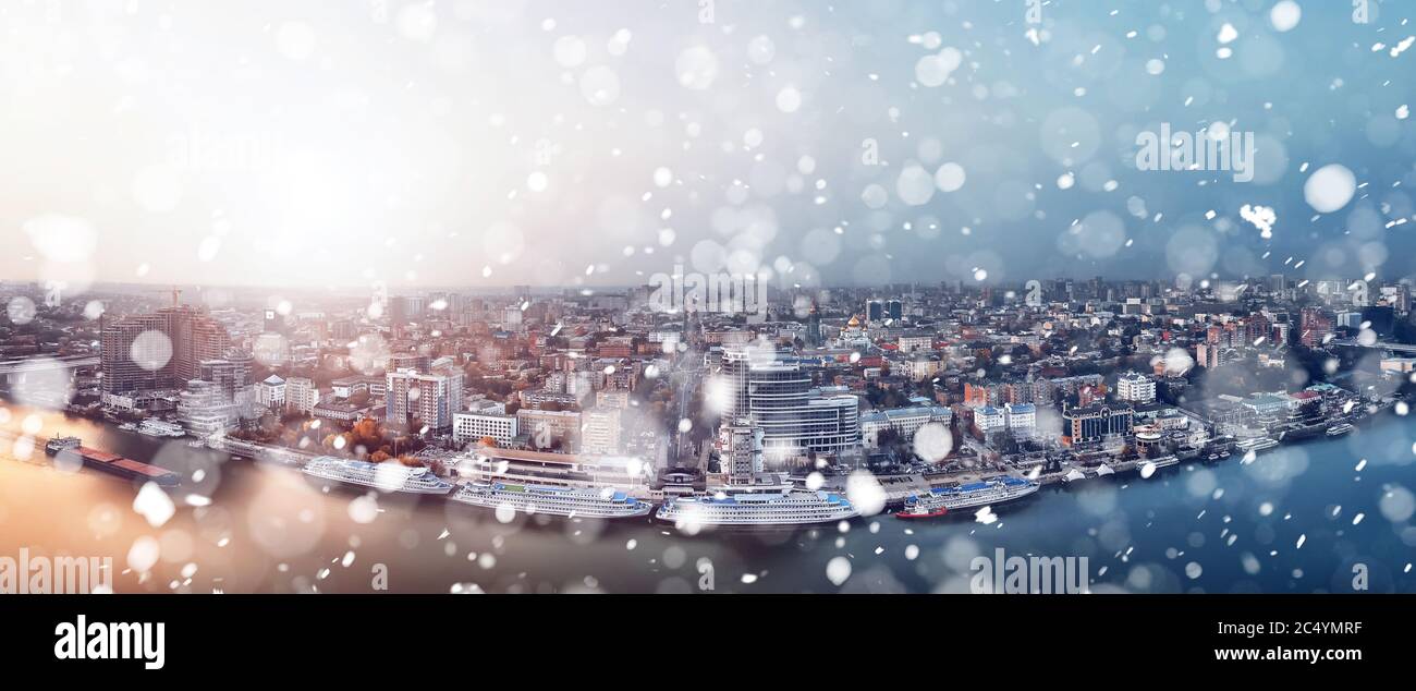 Panorama - snowfall is coming to town. Rostov-on-Don. Russia. aerial ...