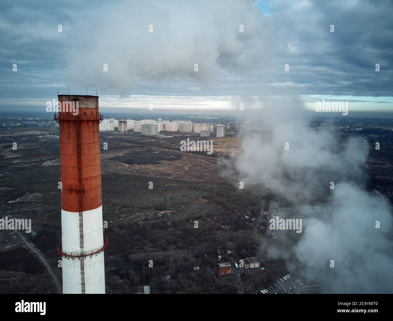 Smoking pipes of thermal power plant. Aerial view. Pipes of thermal ...