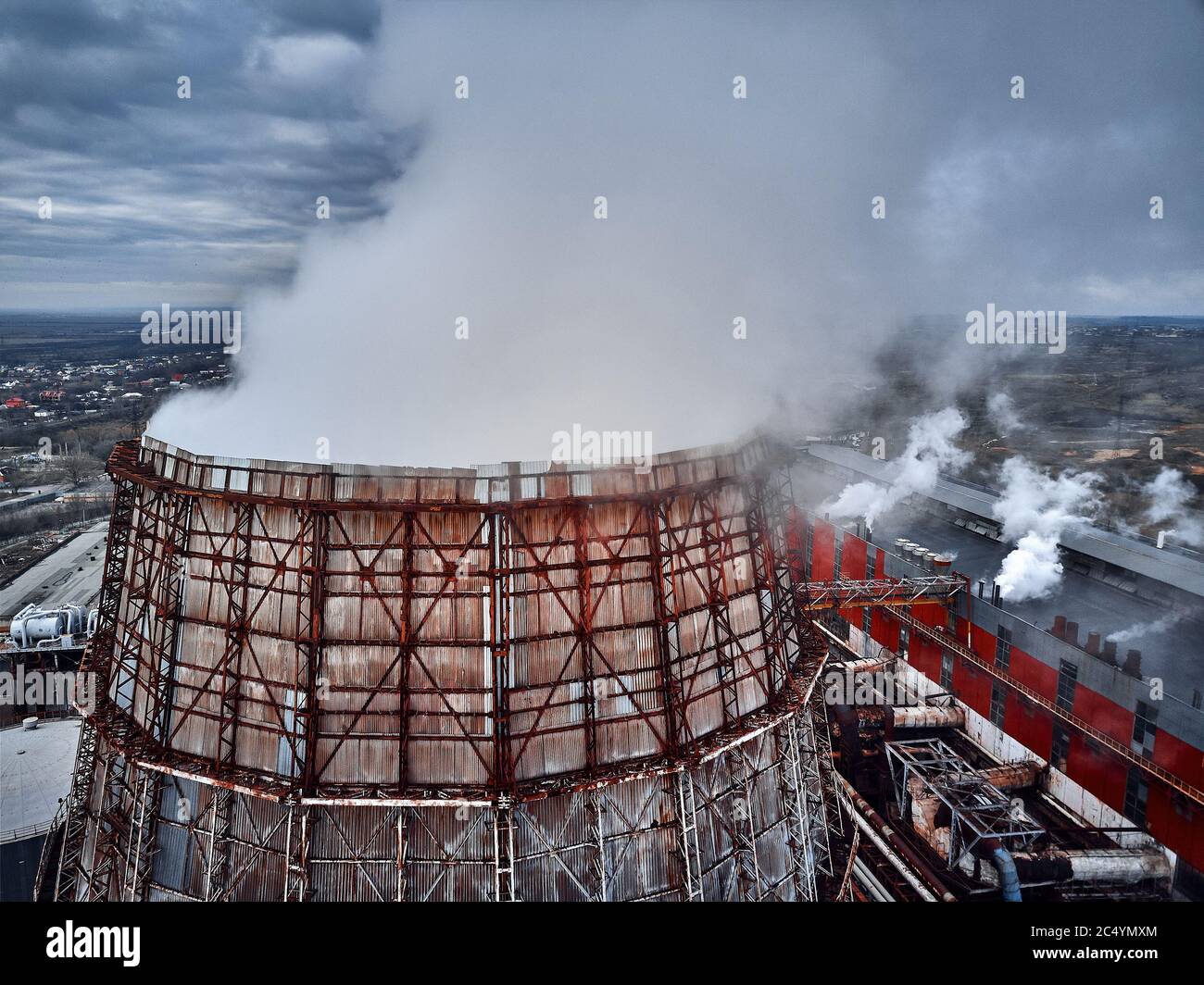 Smoking pipes of thermal power plant. Aerial view. Pipes of thermal ...
