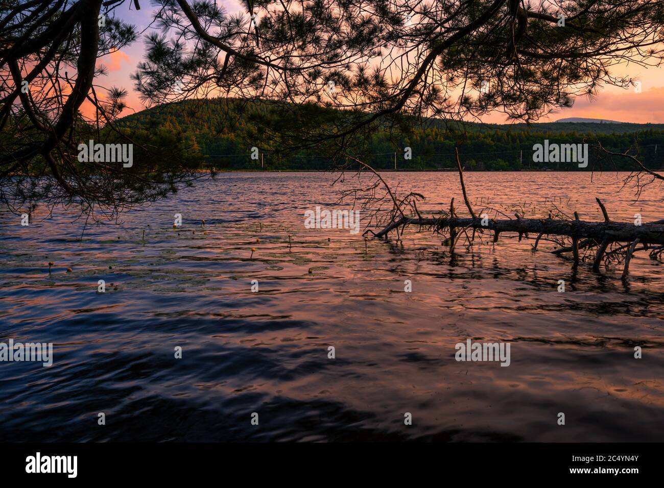 Summer Solstice Sunset on a lake in Catskills Mountains, NY, USA Stock ...