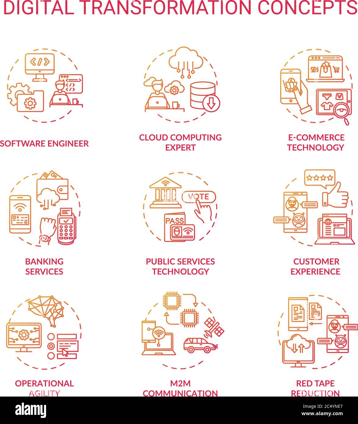 Digital transformation red gradient concept icons set Stock Vector ...