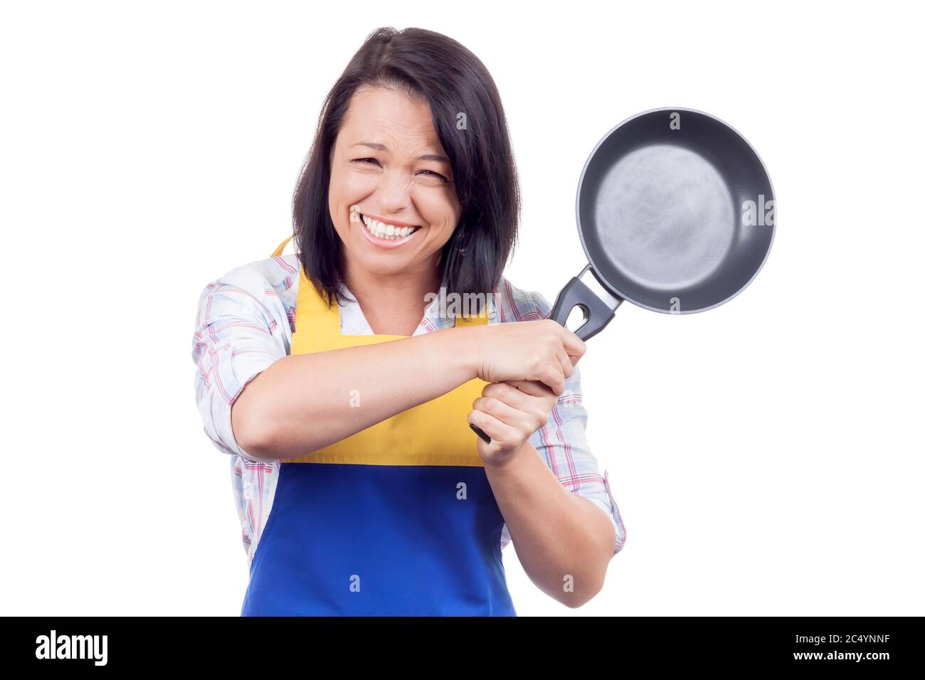 Anger, Fury and Rage Young Woman with Frying Pan on a white background ...