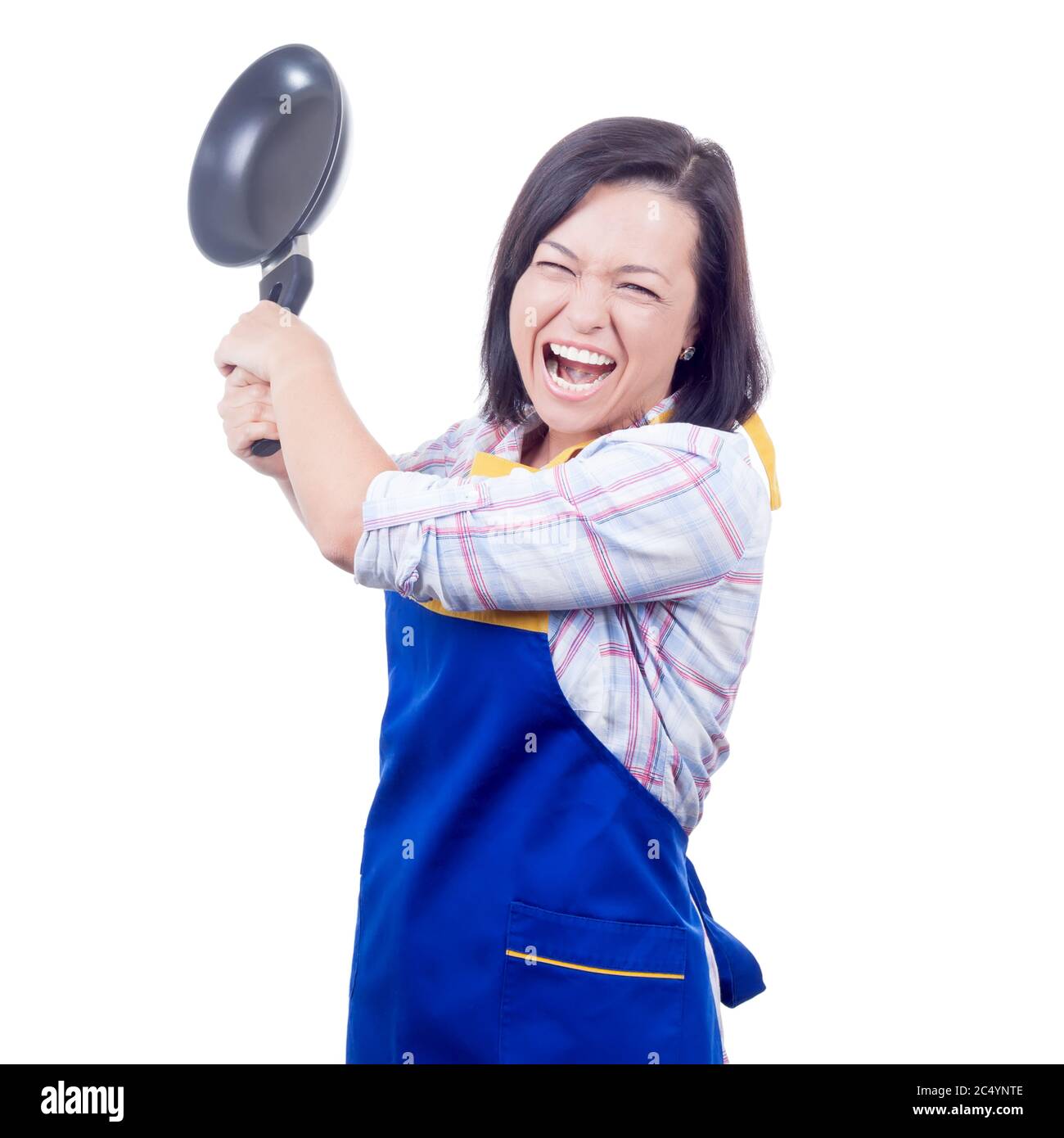Anger, Fury and Rage Young Woman with Frying Pan on a white background ...