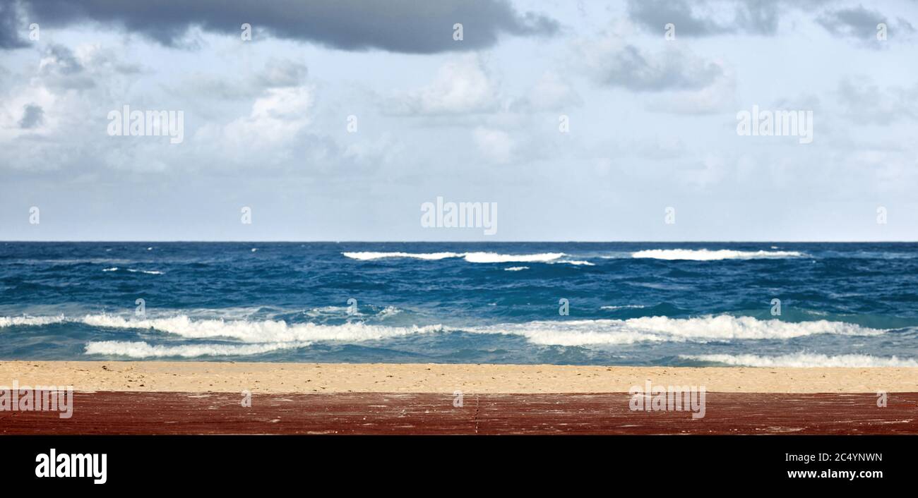 Tropical beach and wooden platform. Platform on the beach, sand and ...