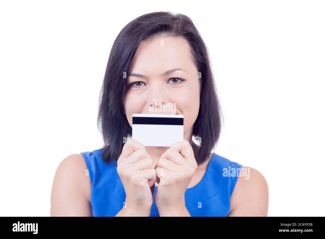 Beautiful Young Woman Hand Show Credit Card on a white background Stock ...