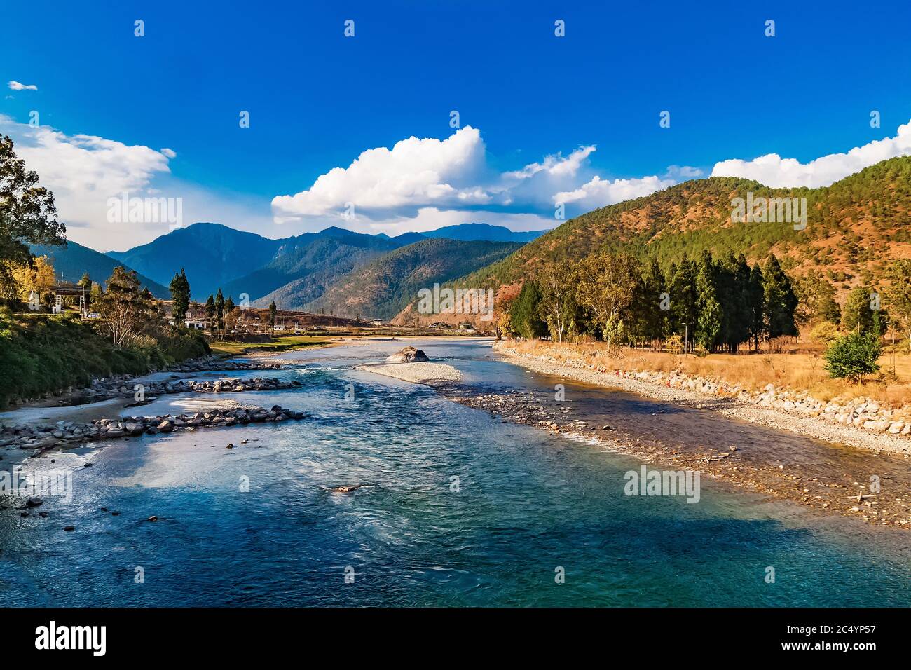 Mo Chhu River on a nice sunny day, Punakha, Bhutan. View from the ...