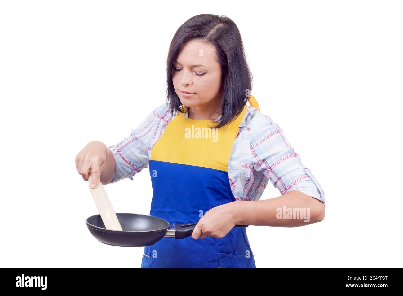 Beautiful Young Woman Cooking Food with Frying Pan on a white ...