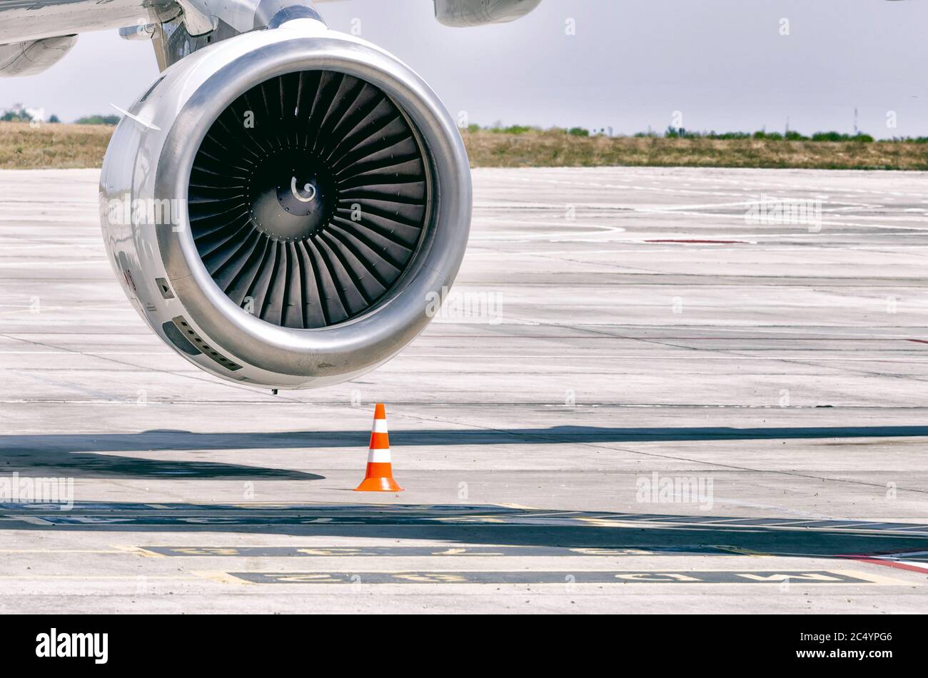 Engine of modern passenger jet airplane. Rotating fan and turbine ...