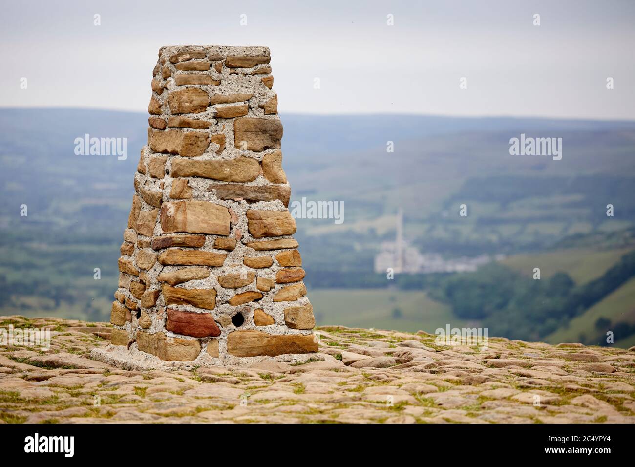 Summit stone monument Mam Tor hill near Castleton in the High Peak of ...