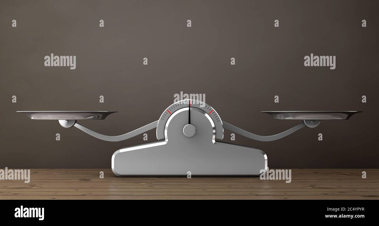 Simple Balance Scale on a wooden table. 3d Rendering Stock Photo - Alamy