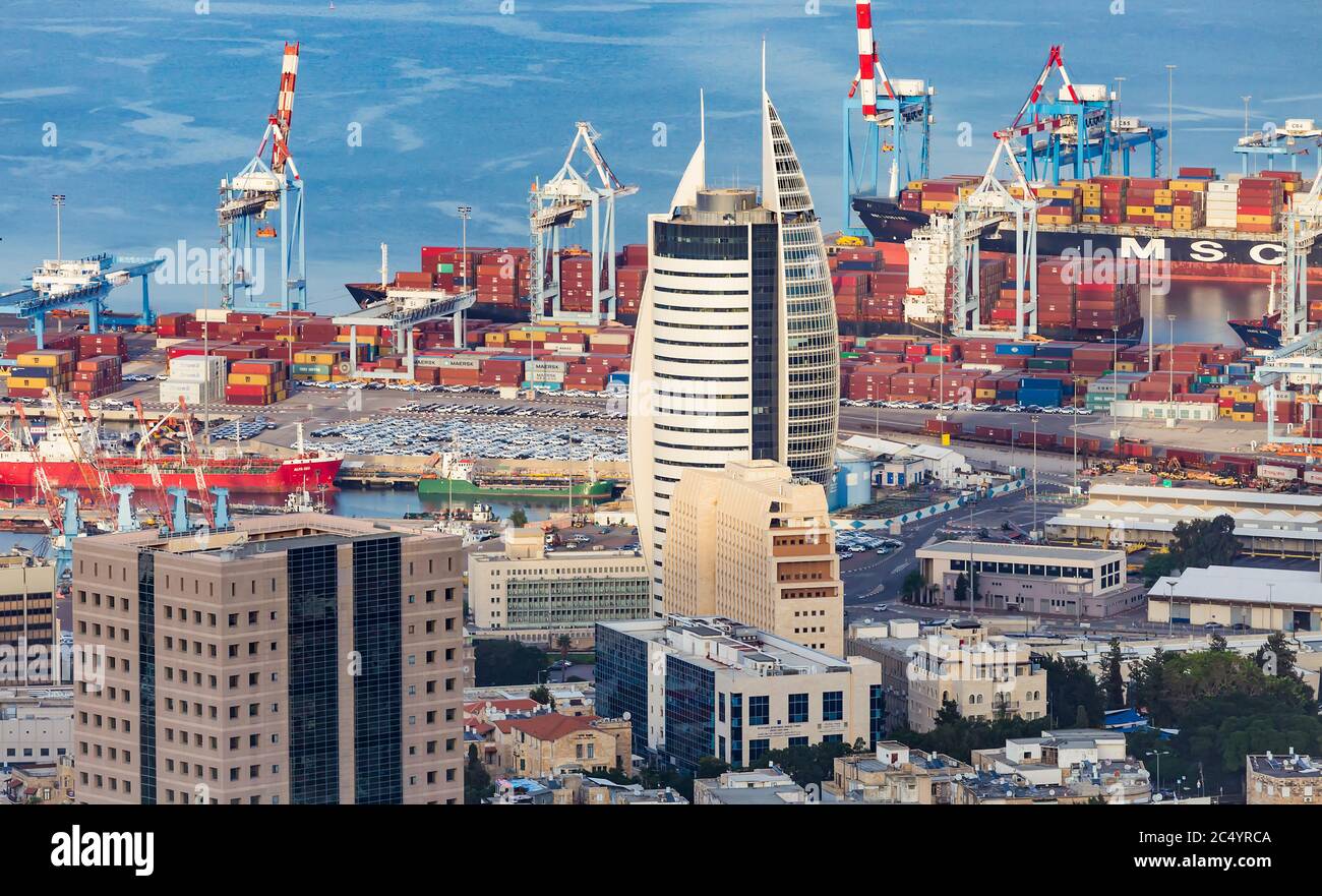 Haifa, Israel - October 2018: View of the harbor port of Haif? and The ...