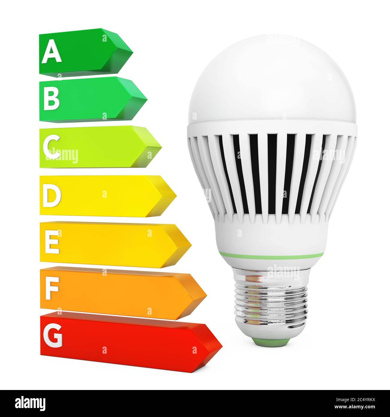 LED Bulb near Energy Efficiency Rating Chart on a white background. 3d ...