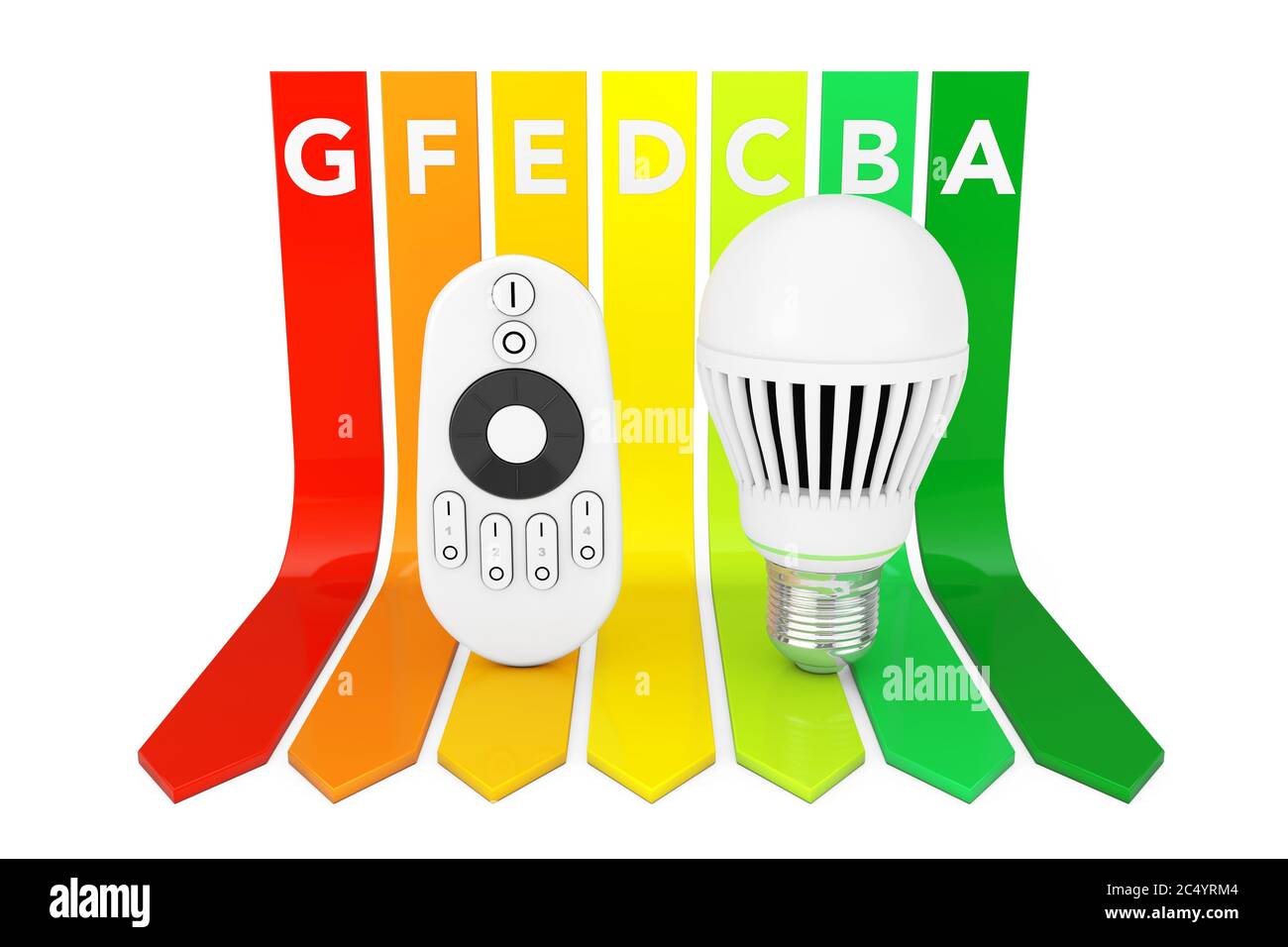 LED Bulb with Remote Controller over Energy Efficiency Rating Chart on ...