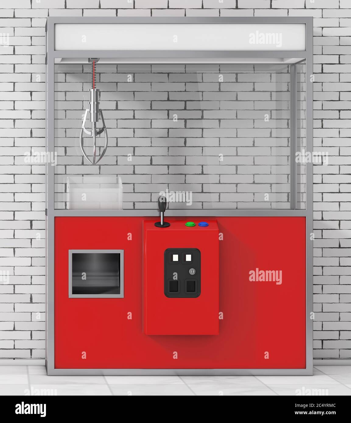 Empty Carnival Red Toy Claw Crane Arcade Machine in front of brick wall ...