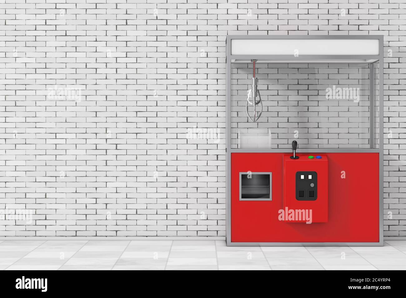 Empty Carnival Red Toy Claw Crane Arcade Machine in front of brick wall ...
