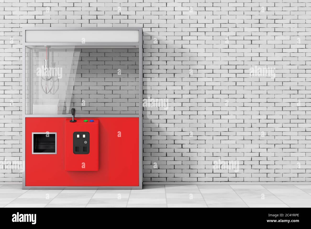 Empty Carnival Red Toy Claw Crane Arcade Machine in front of brick wall ...