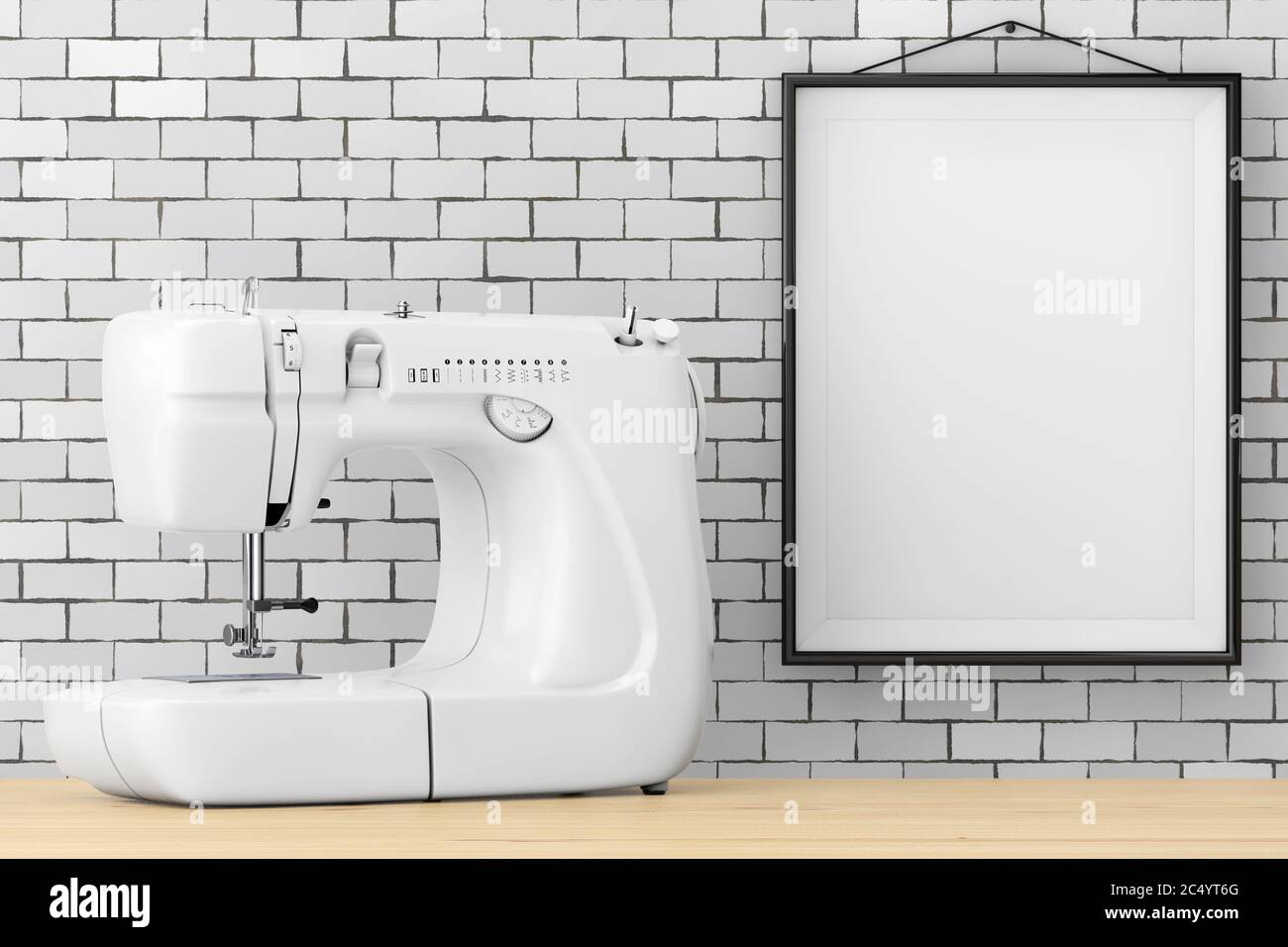 Modern White Sewing Machine in front of Brick Wall with Blank Frame ...