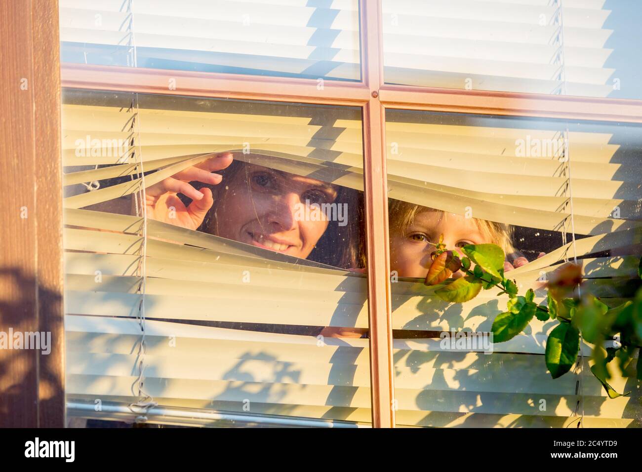 Child, toddler boy, looking through window outside Stock Photo - Alamy