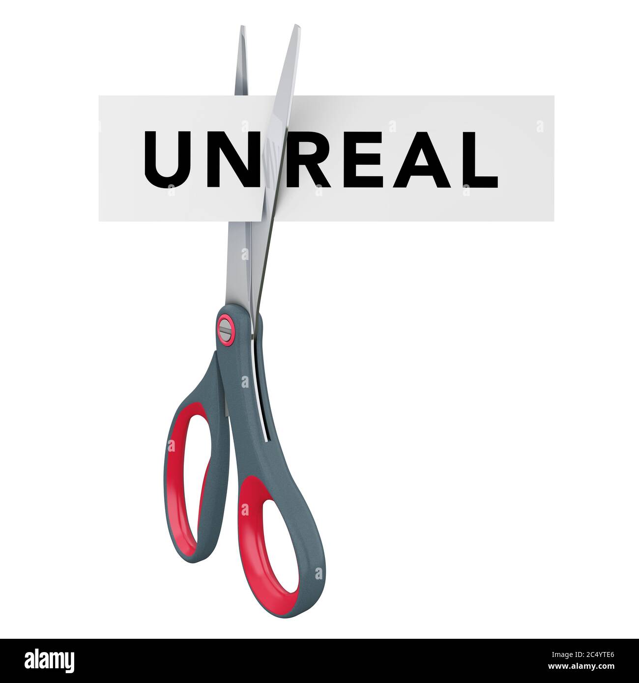 Cutting Unreal to Real Paper Sign with Scissors on a white background ...