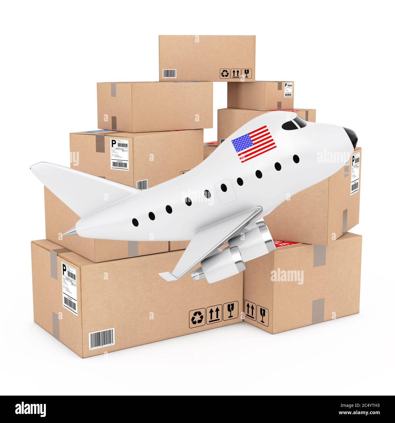 Air Cargo Concept. Cartoon Toy Jet Airplane with USA Flag near Boxes of ...