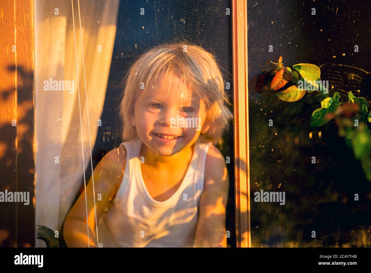 Child, toddler boy, looking through window outside Stock Photo - Alamy