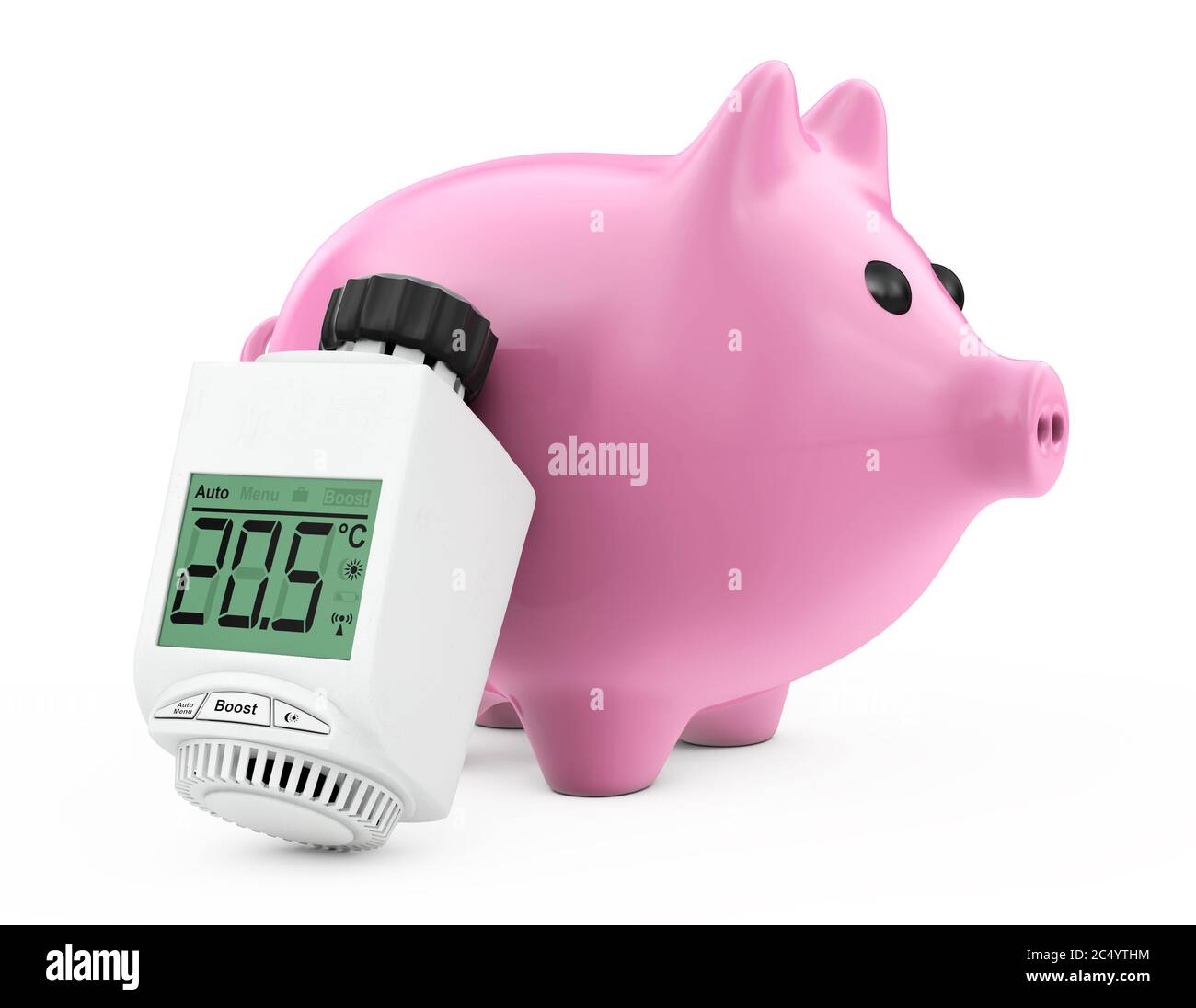 Digital Wireless Radiator Thermostatic Valve near Piggy Bank on a white ...