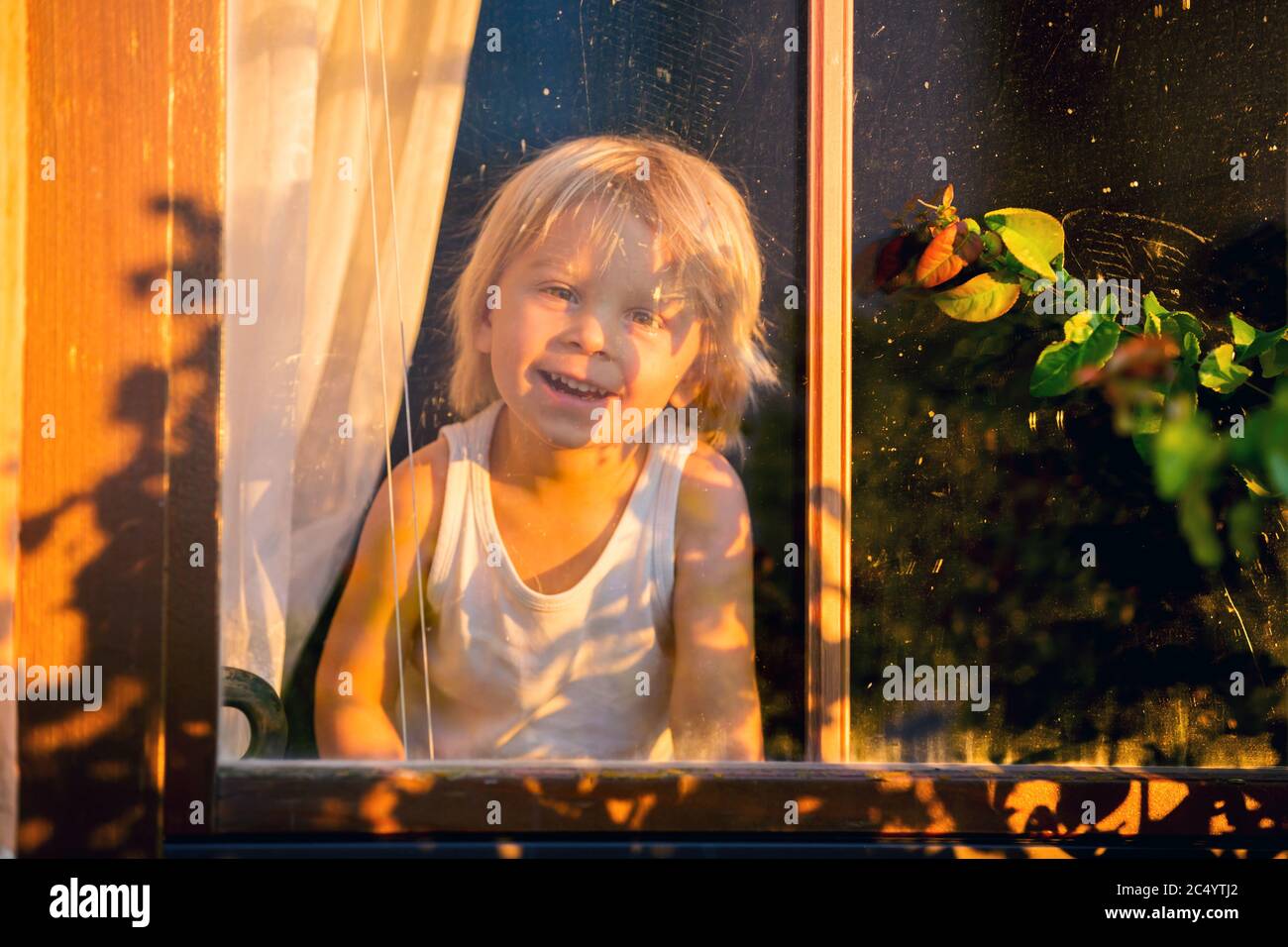 Child, toddler boy, looking through window outside Stock Photo - Alamy