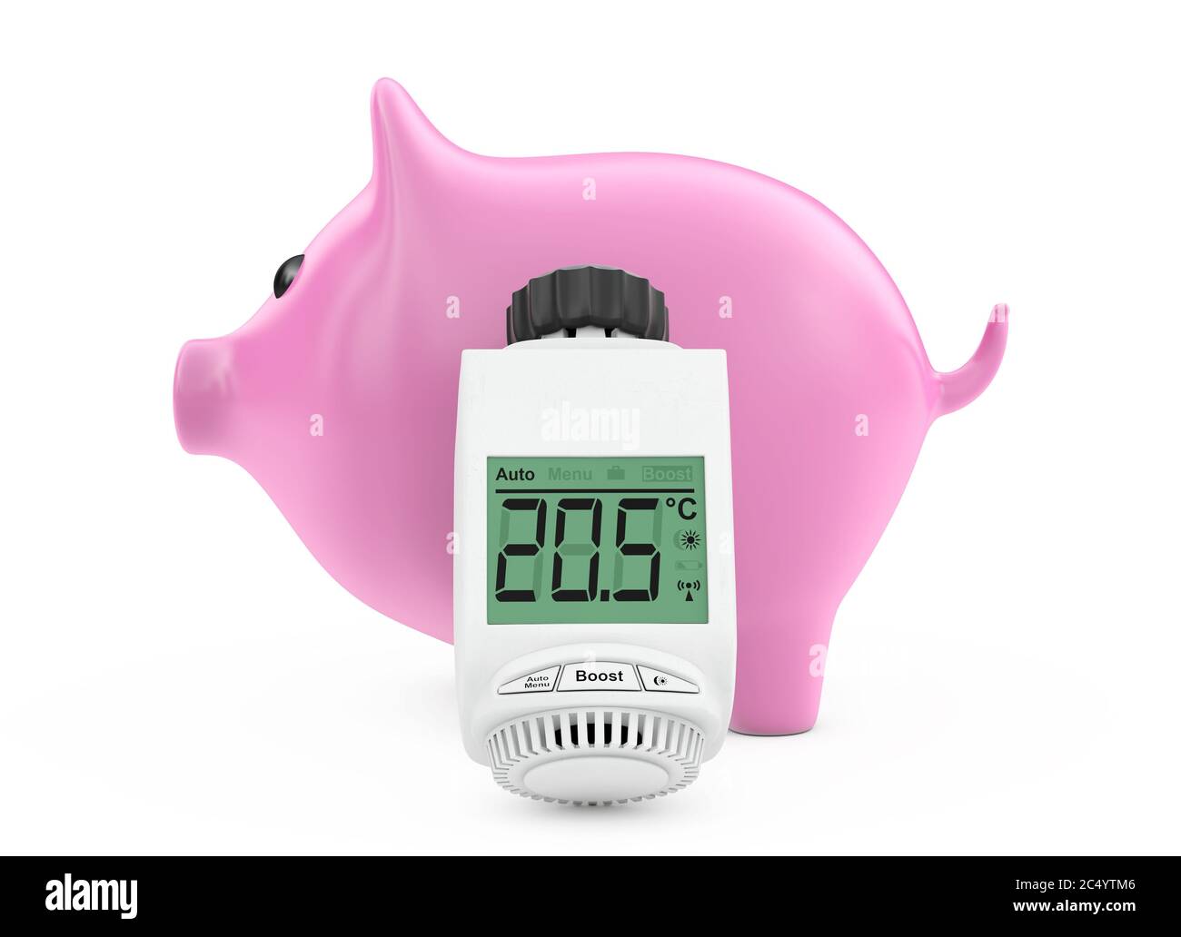 Digital Wireless Radiator Thermostatic Valve near Piggy Bank on a white ...