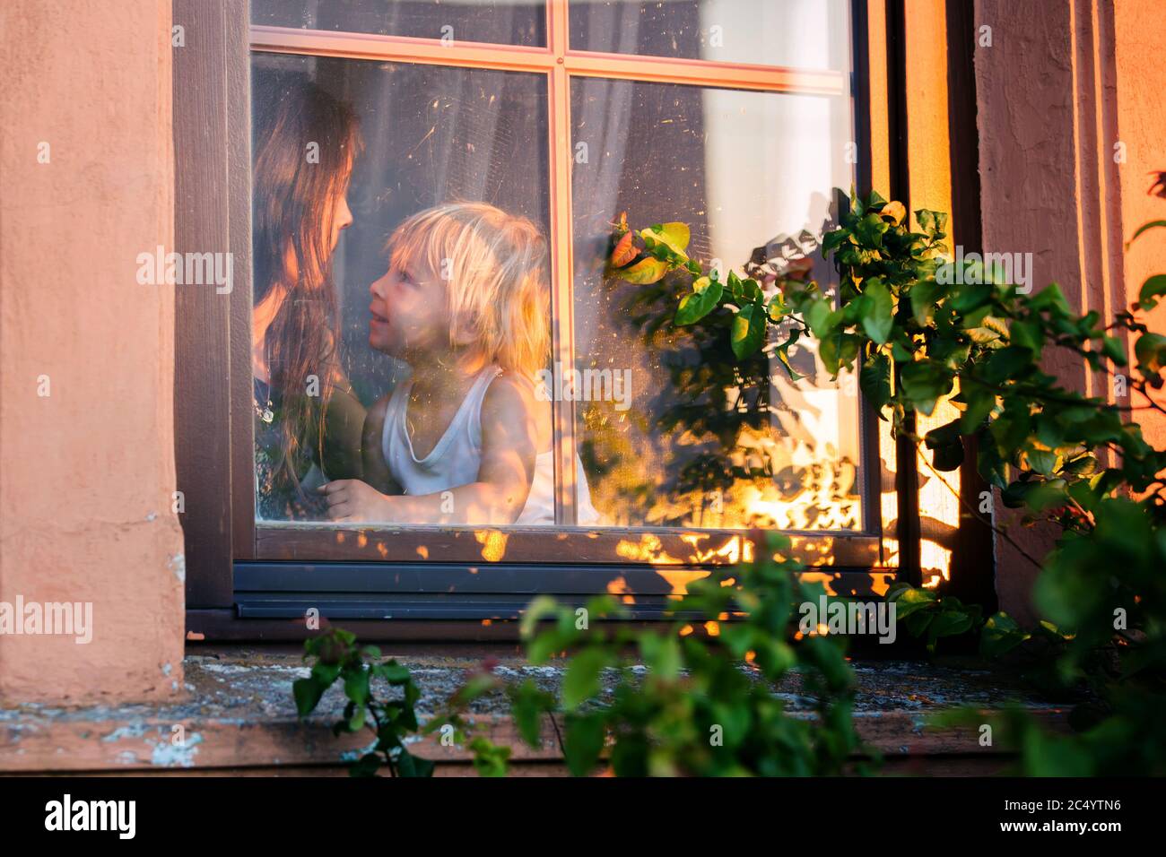 Child, toddler boy, looking through window outside Stock Photo - Alamy