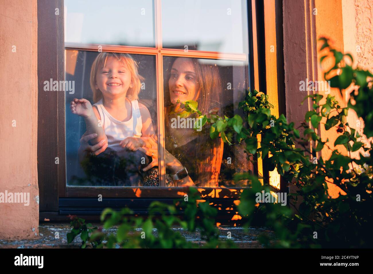 Child, toddler boy, looking through window outside Stock Photo - Alamy
