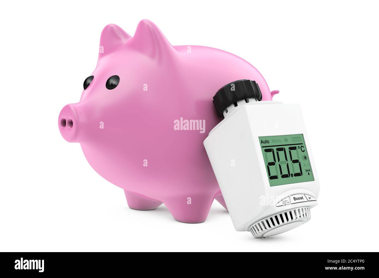 Digital Wireless Radiator Thermostatic Valve near Piggy Bank on a white ...