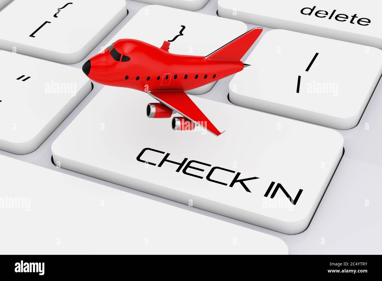Red Cartoon Toy Jet Airplane over Computer Keyboard with Check In Sign ...