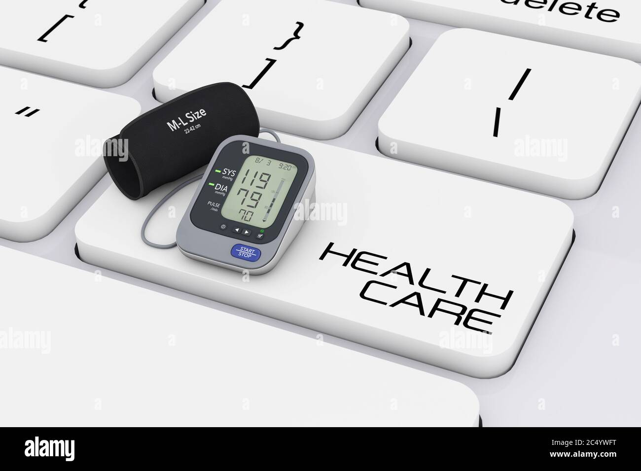 Digital Blood Pressure Monitor with Cuff over Computer Keyboard with ...