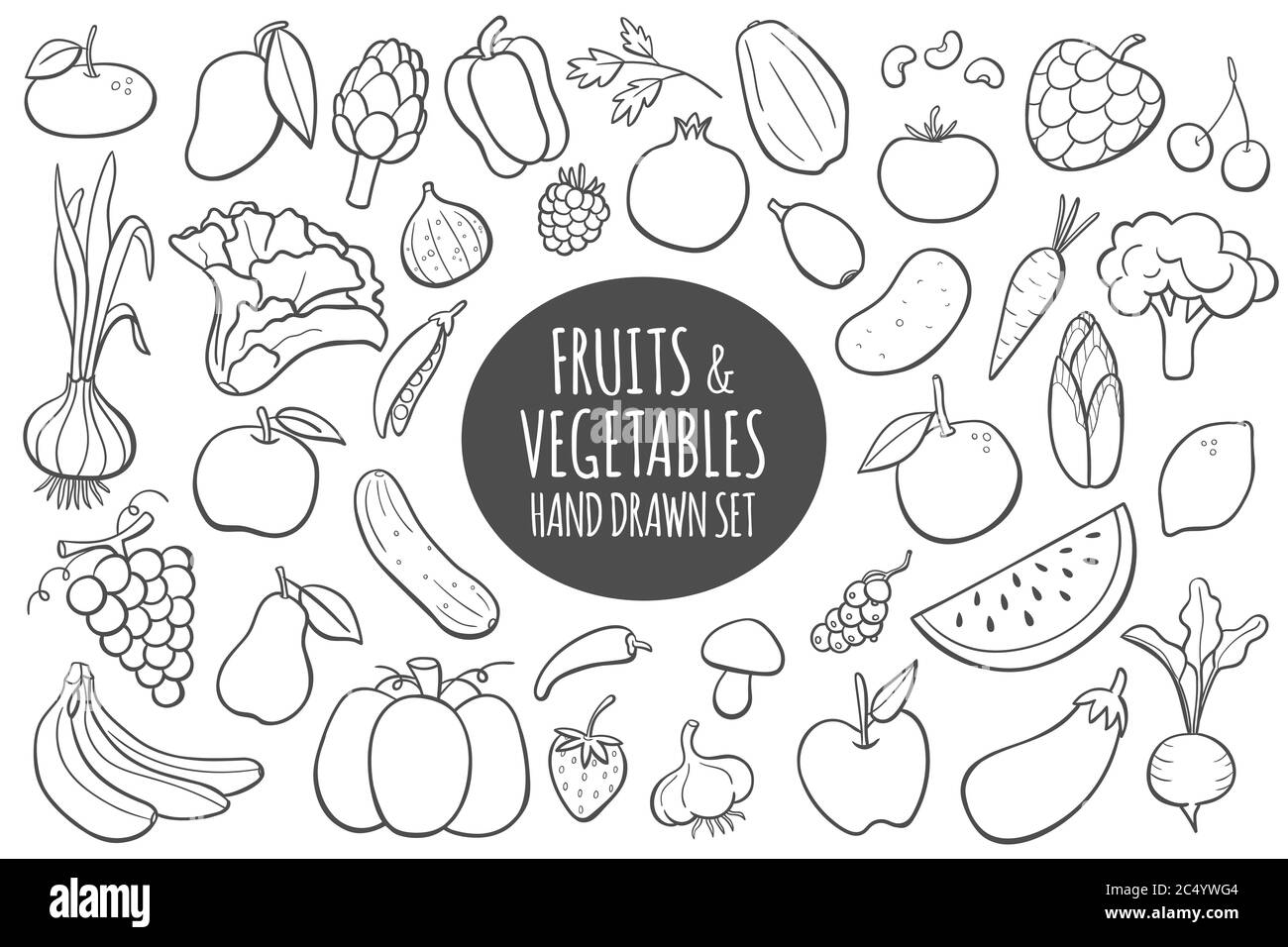 Fruits and vegetables doodle set. Hand drawn isolated fruits and ...