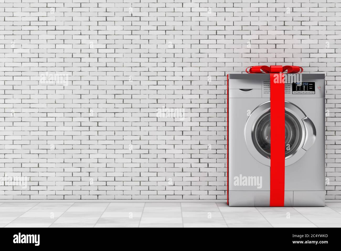 Modern Metalic Washing Machine in front of brick wall. 3d Rendering ...