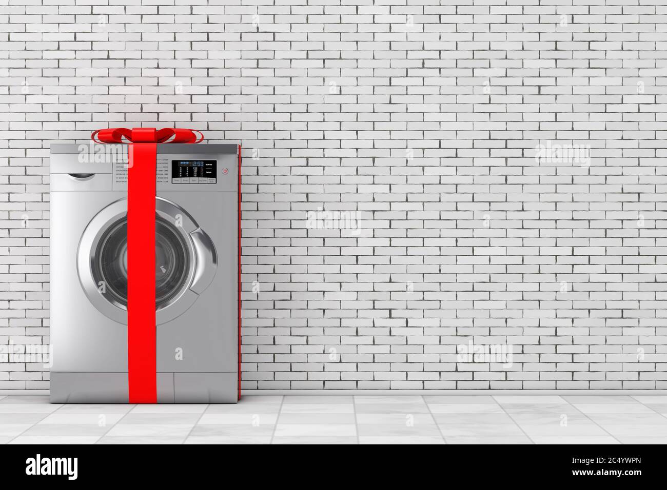 Modern Metalic Washing Machine in front of brick wall. 3d Rendering ...