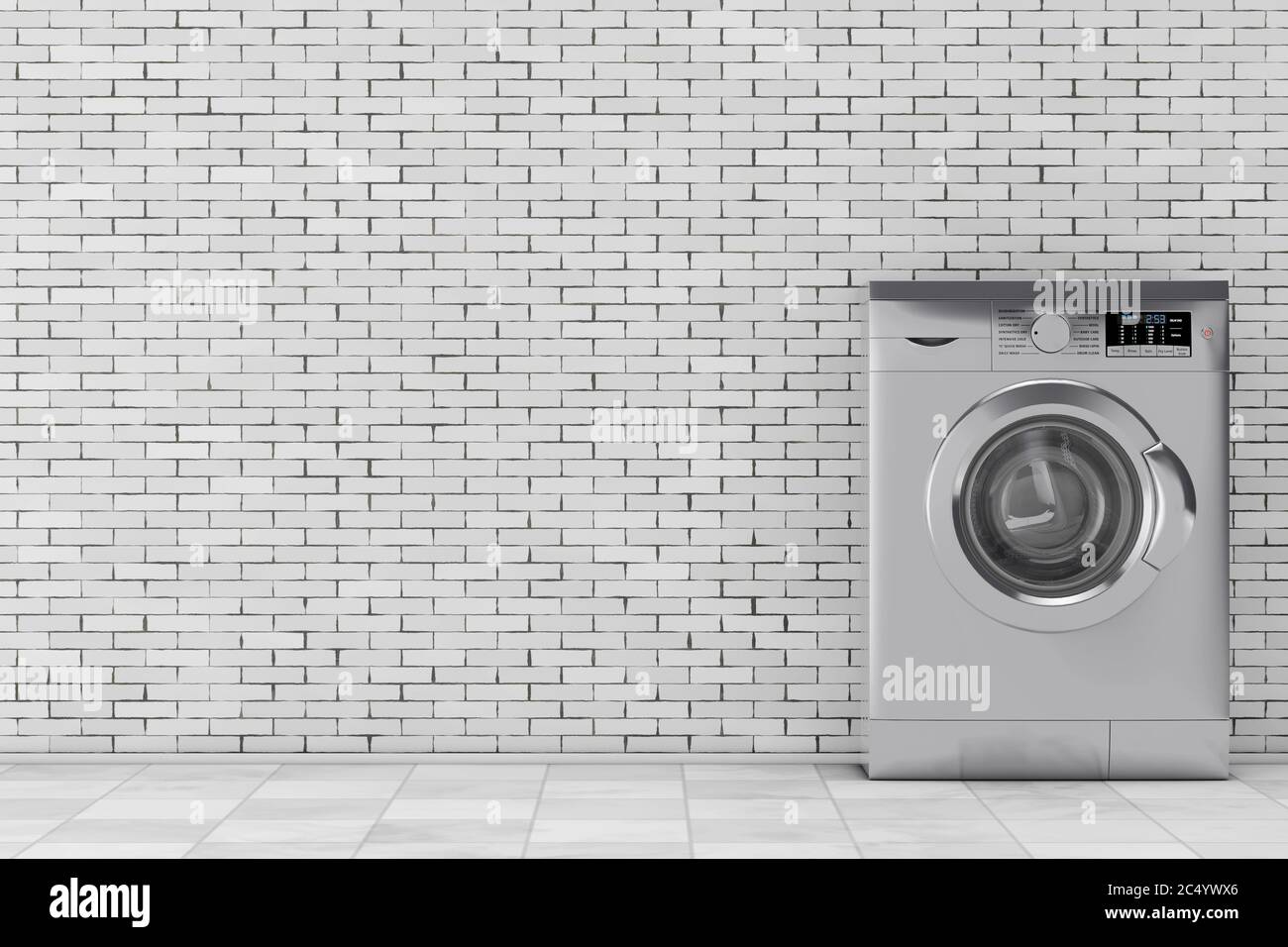 Modern Metalic Washing Machine in front of brick wall. 3d Rendering ...