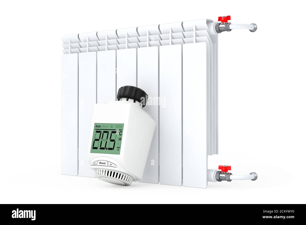 Digital Wireless Radiator Thermostatic Valve near Radiator on a white ...