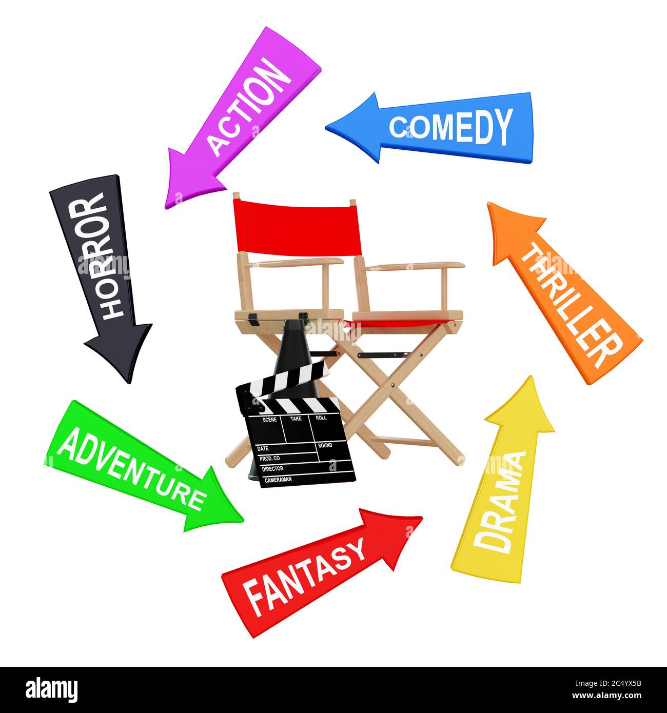 Arrows with Cinema Styles around Director Chair, Movie Clapper and ...