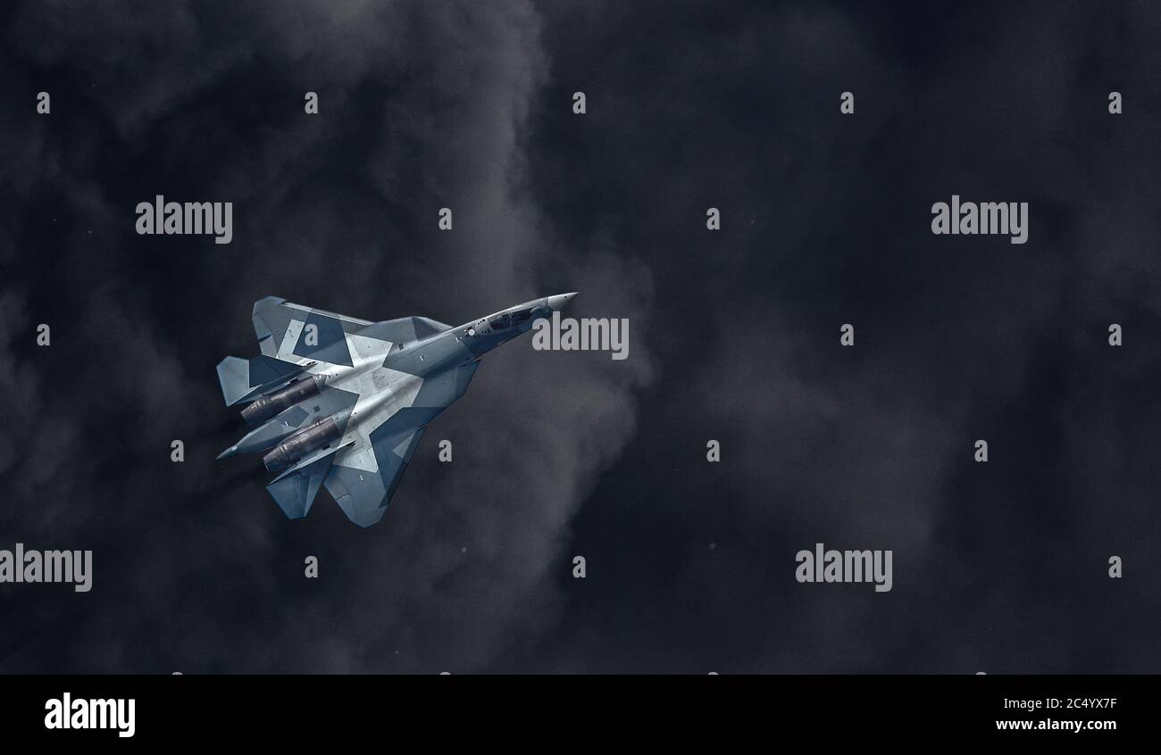 Modern Combat fighter on smoke background, black smoke from a fire. air ...