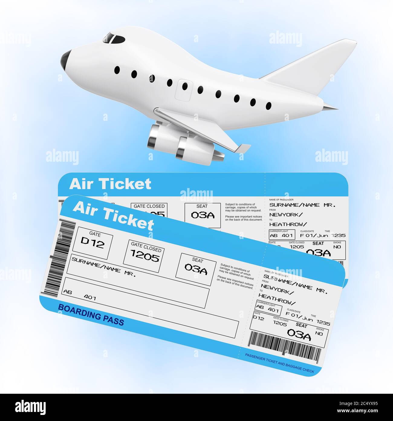 Air Travel Concept. Cartoon Toy Jet Airplane with Airline Boarding Pass ...
