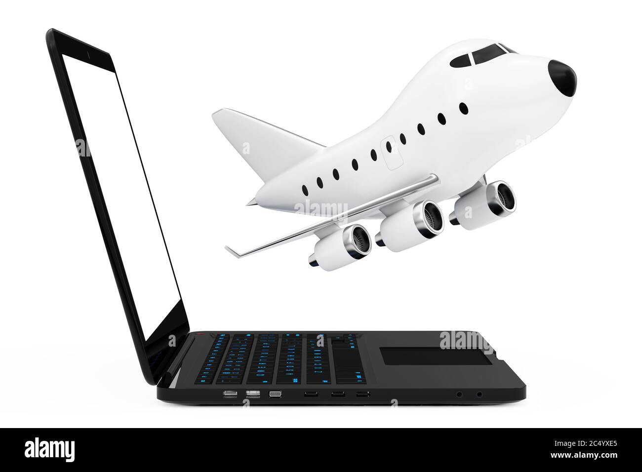 Modern Laptop Computer with Cartoon Toy Jet Airplane Flying out from ...