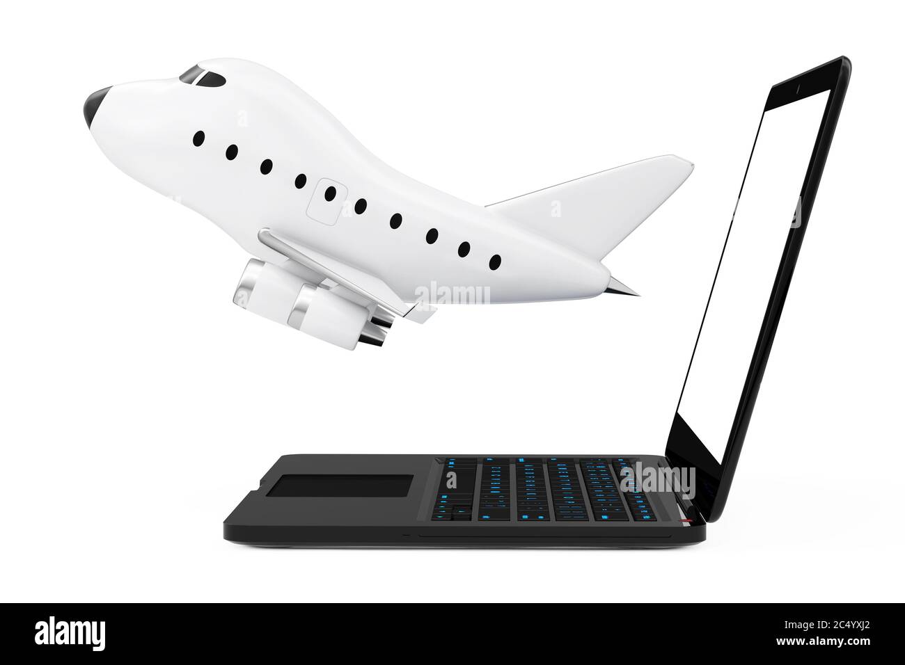 Modern Laptop Computer with Cartoon Toy Jet Airplane Flying out from ...