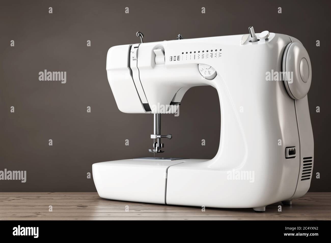 Modern White Sewing Machine on a wooden table. 3d Rendering Stock Photo ...