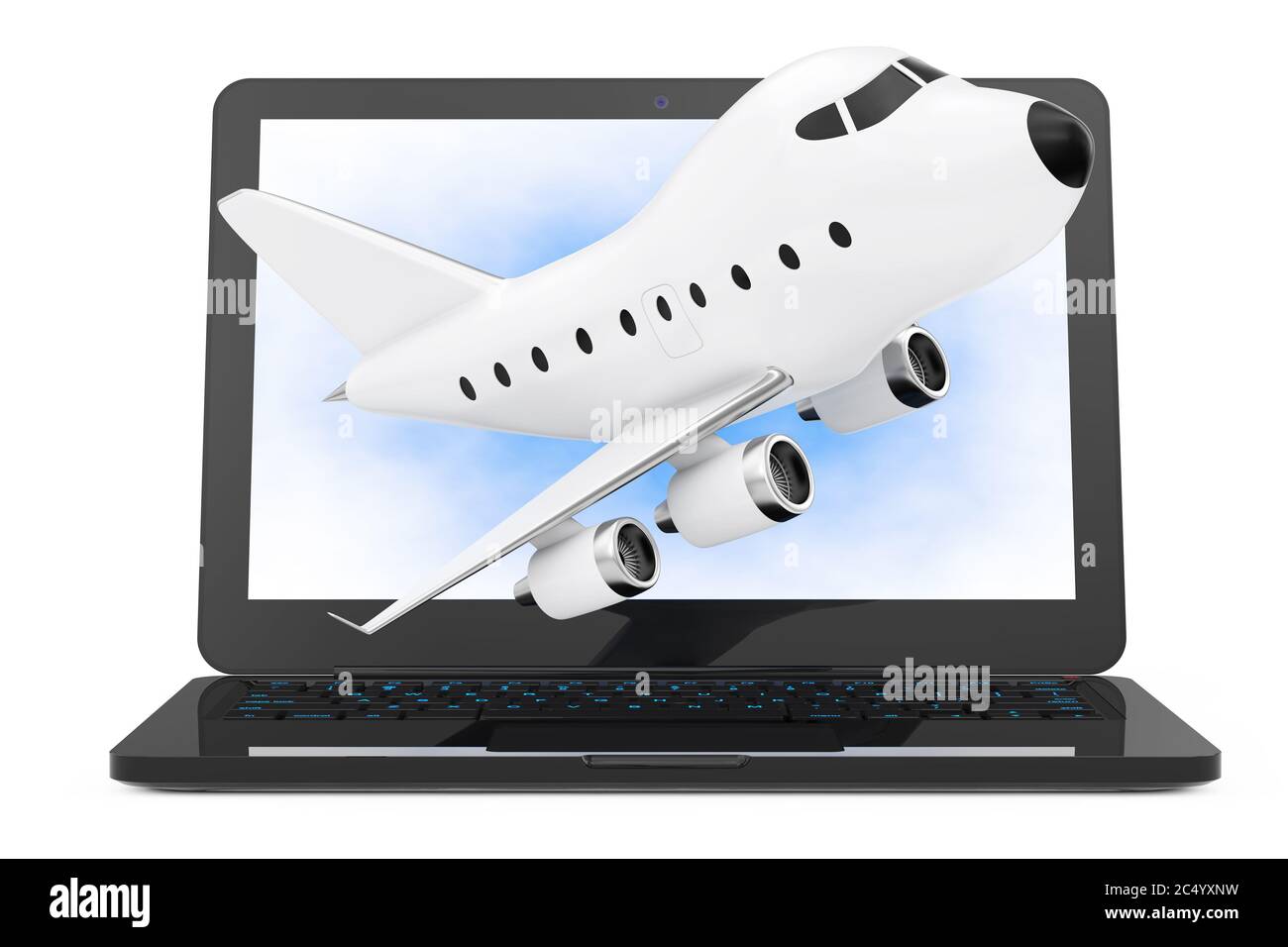 Modern Laptop Computer with Cartoon Toy Jet Airplane Flying out from ...