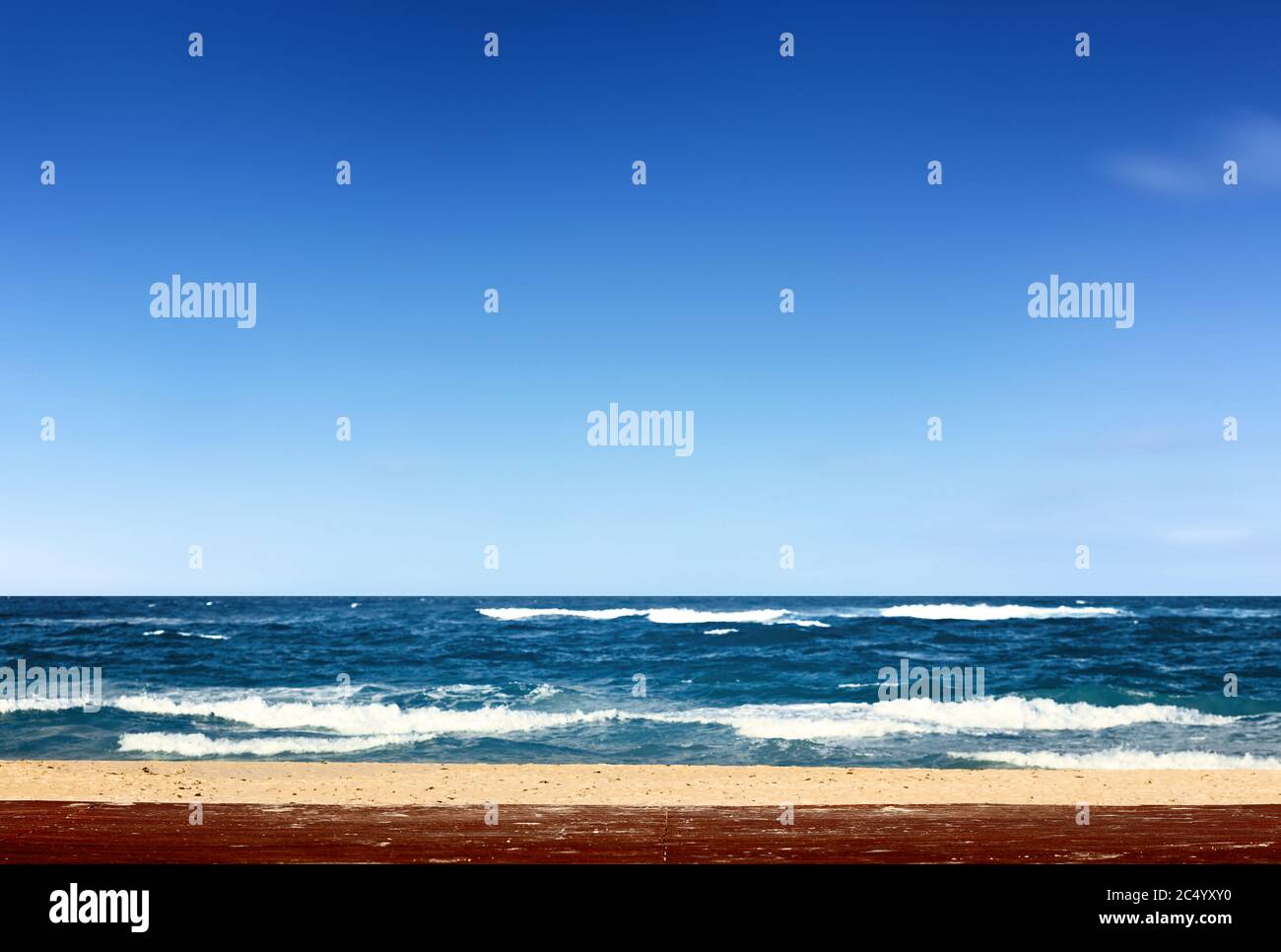 Tropical beach and wooden platform. Platform on the beach, sand and ...