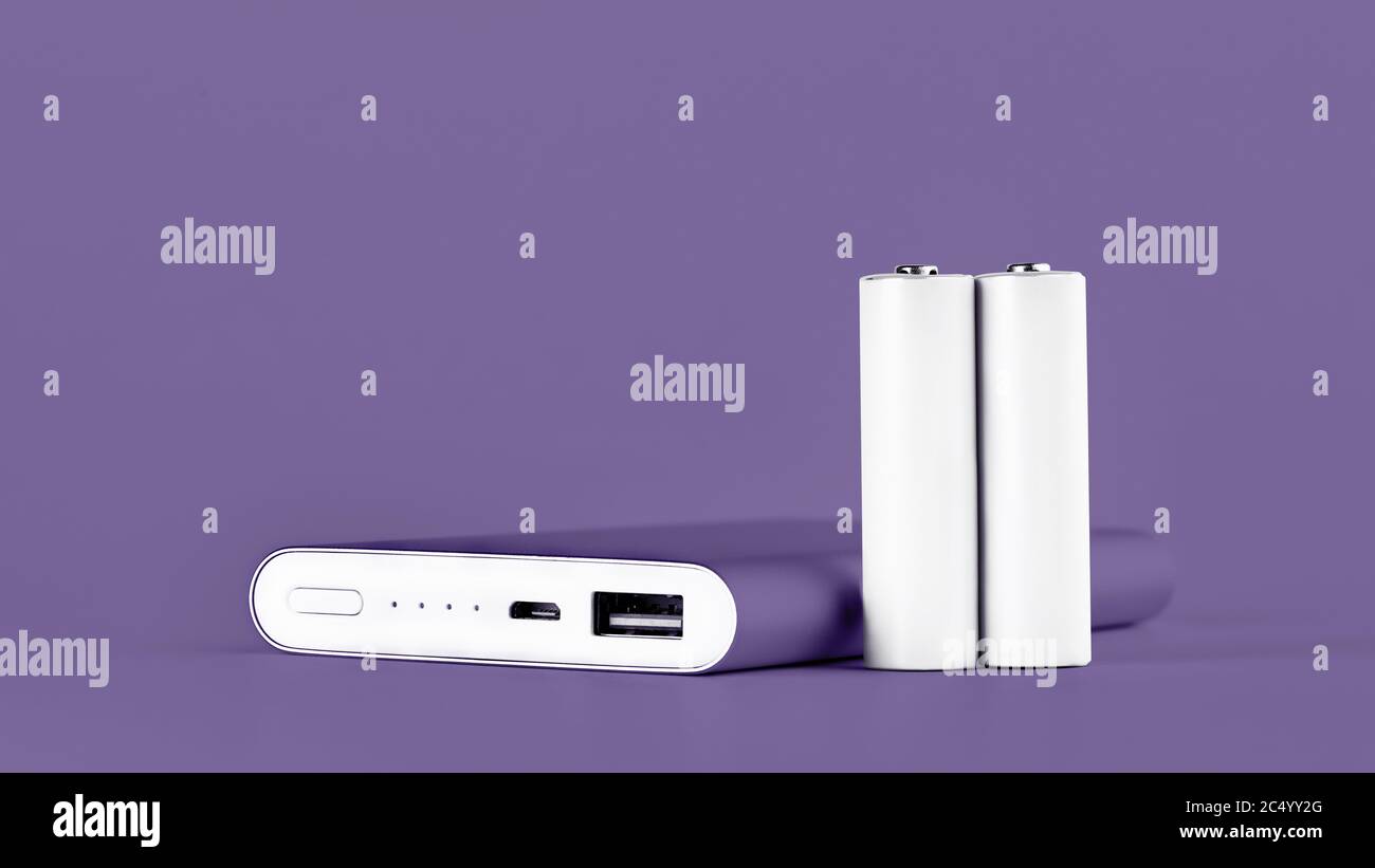 Portable violet power bank for charging mobile devices and AA batteries ...