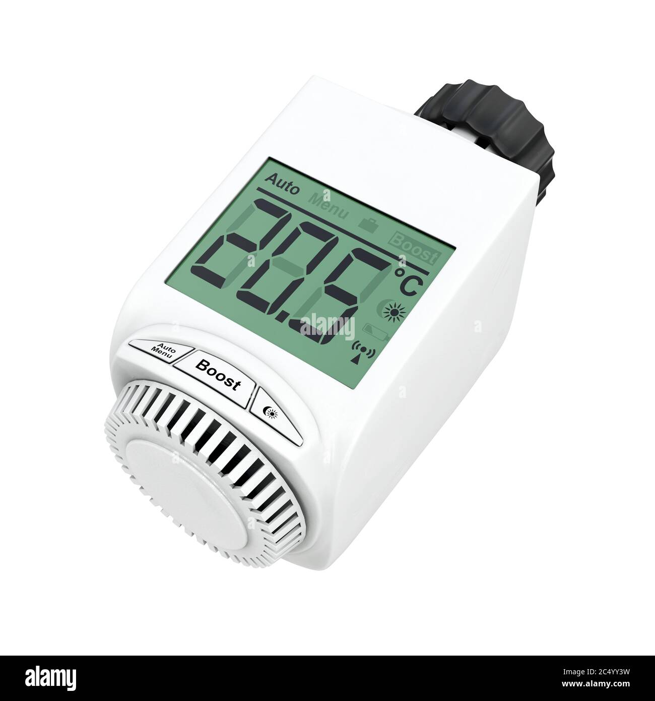 Digital Wireless Radiator Thermostatic Valve on a white background. 3d ...